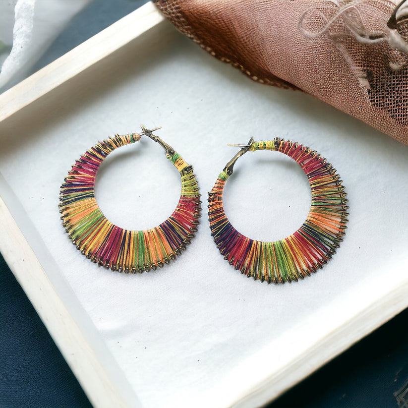 Multi-Colored String Hoop Earrings - Vibrant & Playful Accessories - Be ...