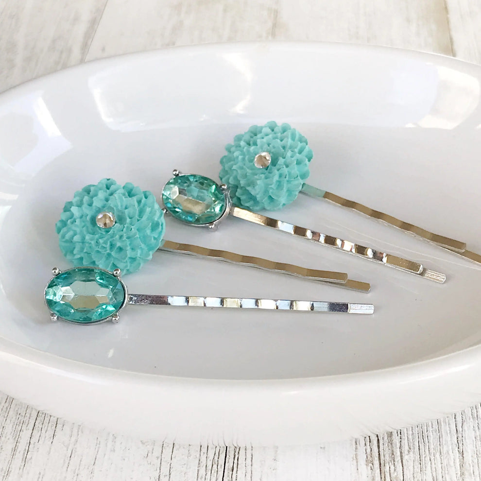 Mint Green Flower Bobby Pins - Set of 4 Green Floral & Rhinestone Hair ...