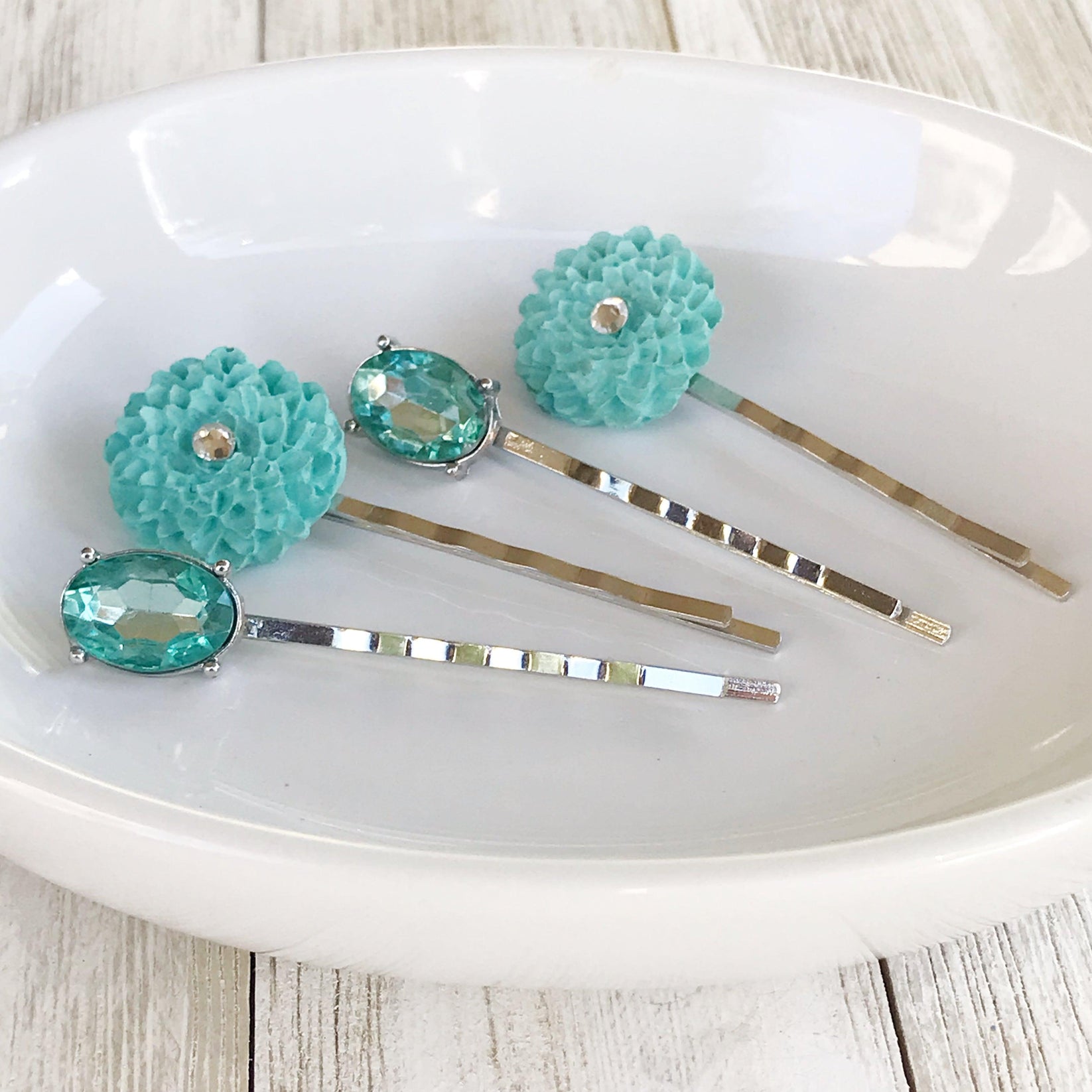 Mint Green Flower Bobby Pins - Set of 4 Green Floral & Rhinestone Hair ...