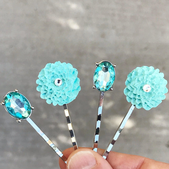 Mint Green Flower Bobby Pins - Set of 4 Green Floral & Rhinestone Hair ...