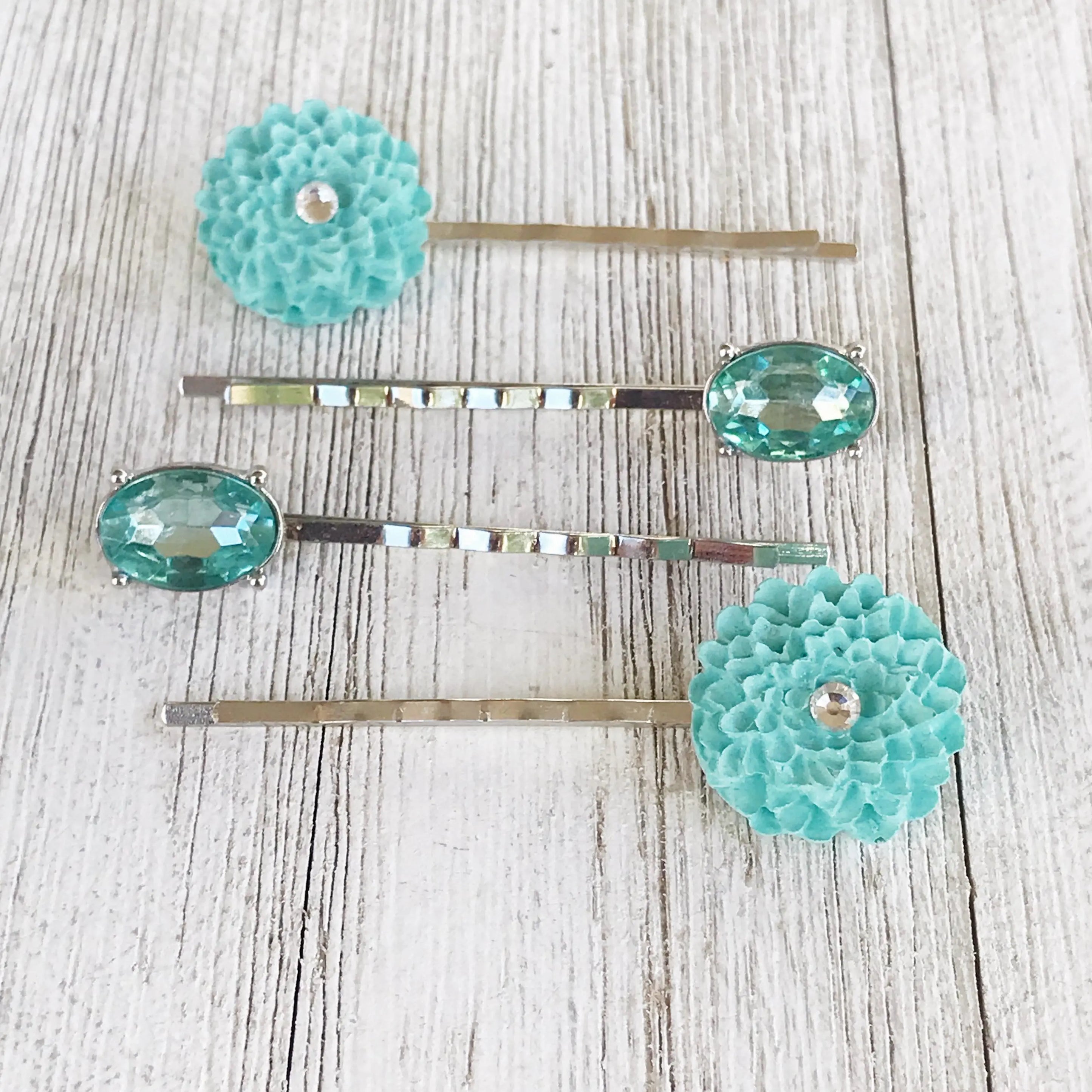 Mint Green Flower Bobby Pins - Set of 4 Green Floral & Rhinestone Hair ...