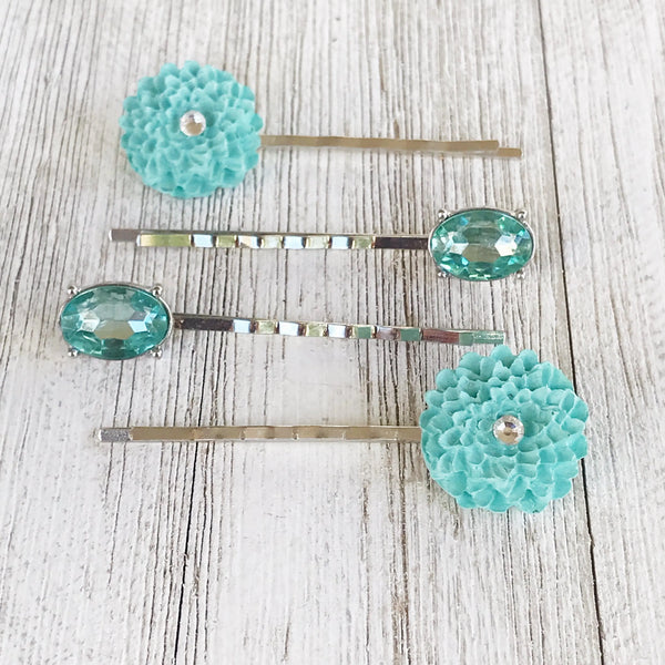 Mint Green Flower Bobby Pins - Set of 4 Green Floral & Rhinestone Hair ...