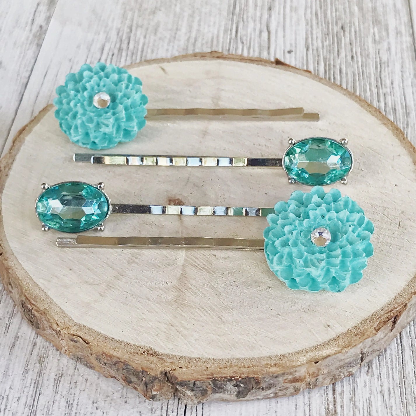 Mint Green Flower Bobby Pins - Set of 4 Green Floral & Rhinestone Hair ...