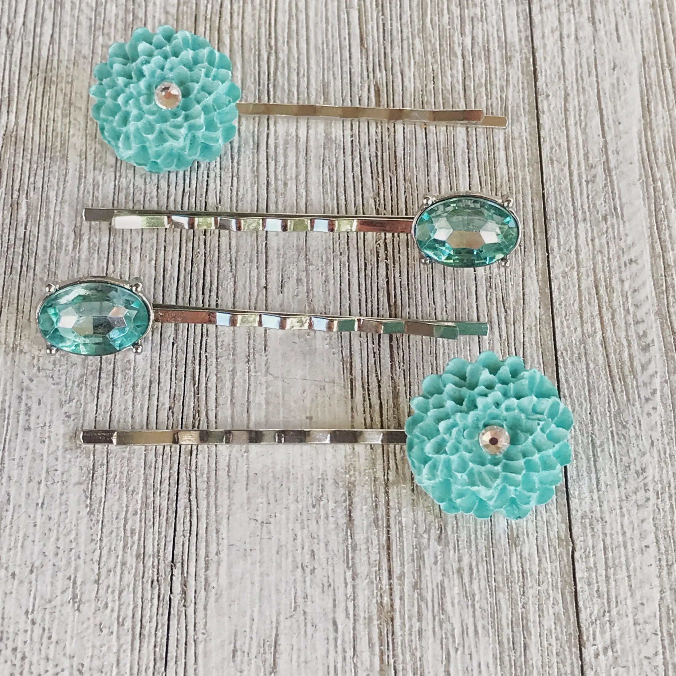 Mint Green Flower Bobby Pins - Set of 4 Green Floral & Rhinestone Hair ...