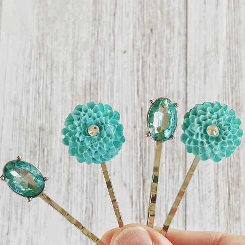 Mint Green Flower Bobby Pins - Set of 4 Green Floral & Rhinestone Hair ...