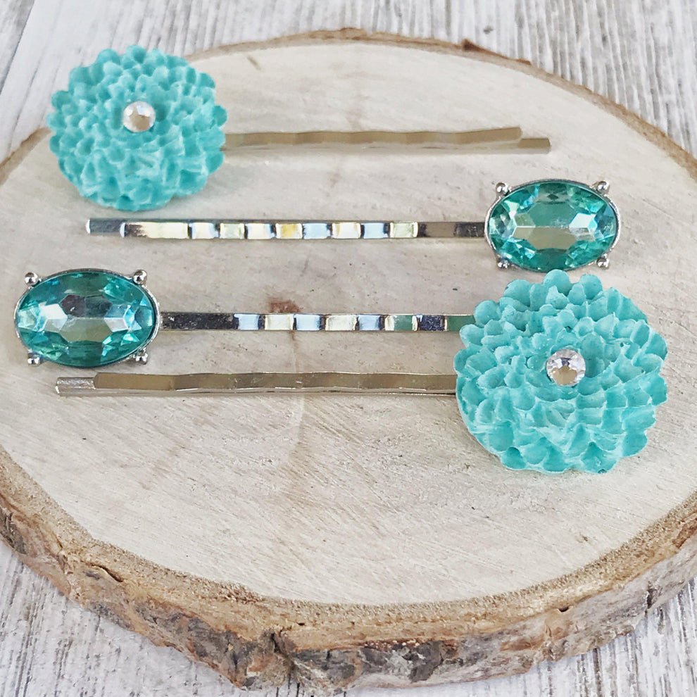 Mint Green Flower Bobby Pins - Set of 4 Green Floral & Rhinestone Hair ...
