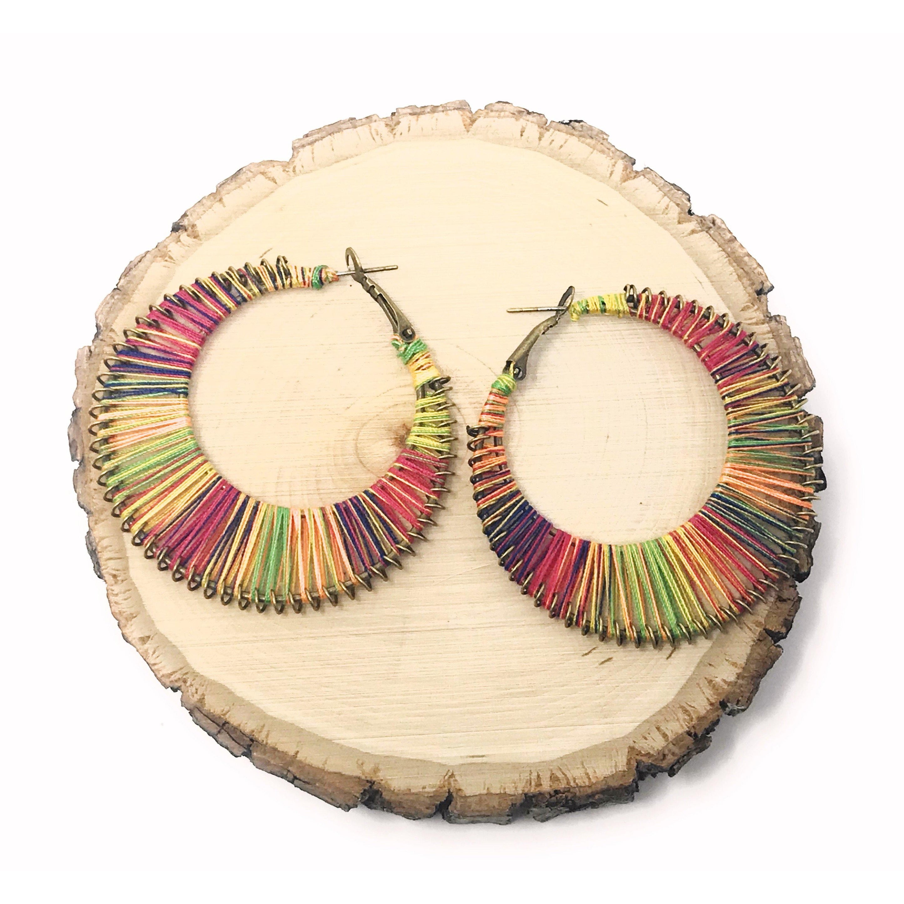 Multi-Colored String Hoop Earrings - Vibrant & Playful Accessories - Be ...